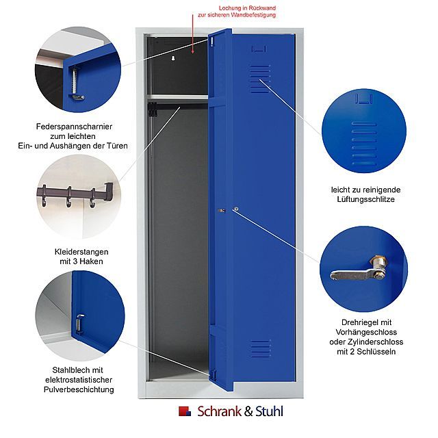 Spind mit 2 Abteilen 180x80x50 GRAU/BLAU