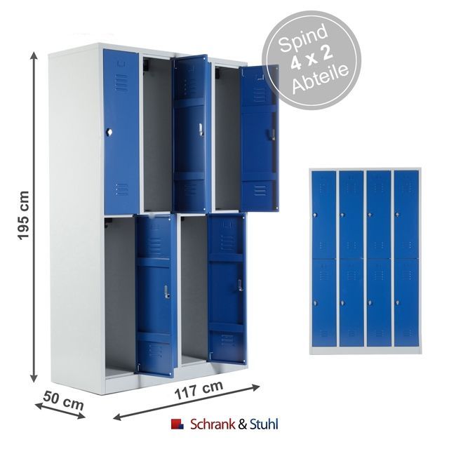 Spind mit 4x2 Abteilen 195x117x50 GRAU/BLAU