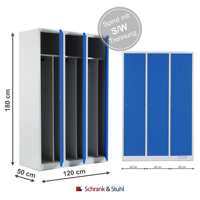 Spind mit 3 Abteilen und Schwarz-Weiß-Trennung 180x120x50 GRAU/BLAU