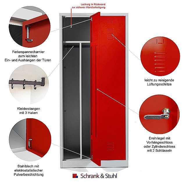 Spind mit 2 Abteilen und Schwarz-Weiß-Trennung 180x80x50 GRAU/ROT