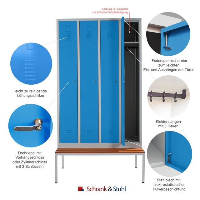 Spind mit 4 Abteilen 180x117x50 GRAU/LICHTBLAU