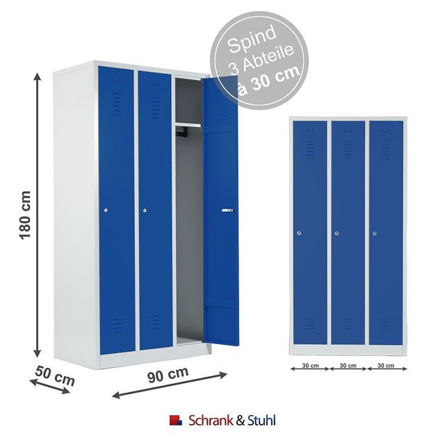 Spind mit 3 Abteilen 180x90x50 GRAU/BLAU
